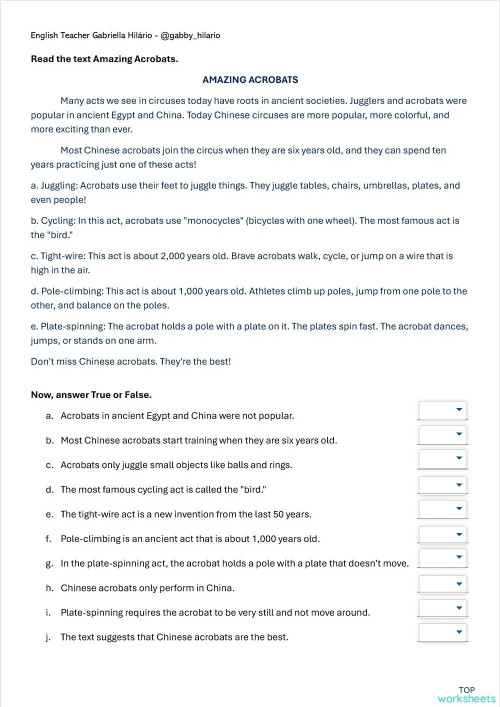 OW 4 - U5 - Lesson 1 - Reading - Amazing Acrobats. Interactive ...