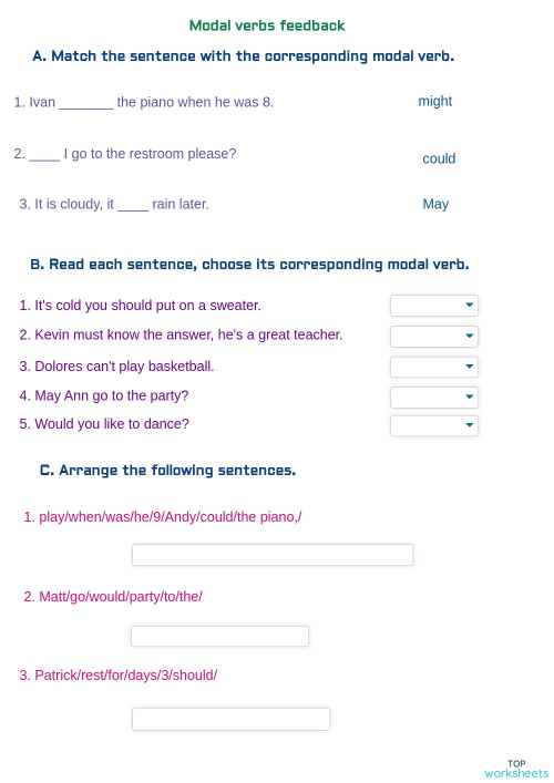 Modal verbs feedback. Interactive worksheet | TopWorksheets