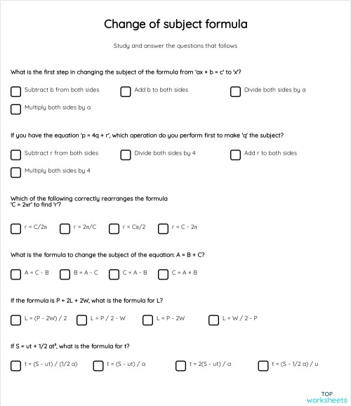 Change of subject formula. Interactive worksheet | TopWorksheets