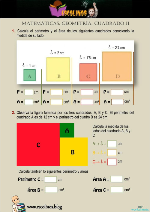 Matemáticas. Geometría. Cuadrados II. Ficha interactiva | TopWorksheets
