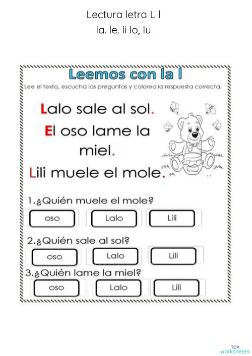 Lectura letra l/ colegio Petit. Ficha interactiva | TopWorksheets