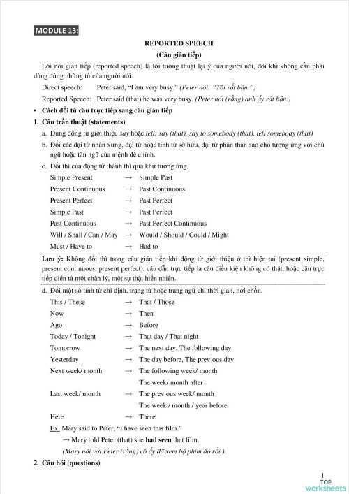 GRADE 9 _ REPORTED SPEECH. Interactive worksheet | TopWorksheets