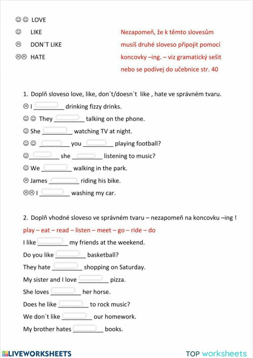 Verb patterns LOVE-LIKE-HATE. Interactive worksheet | TopWorksheets