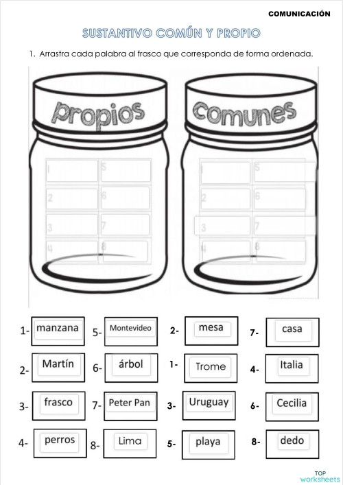SUSTANTIVO COMÚN Y PROPIO. Ficha interactiva | TopWorksheets