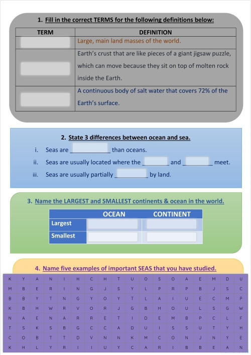 Chapter 4: Continents and Oceans. Interactive worksheet | TopWorksheets