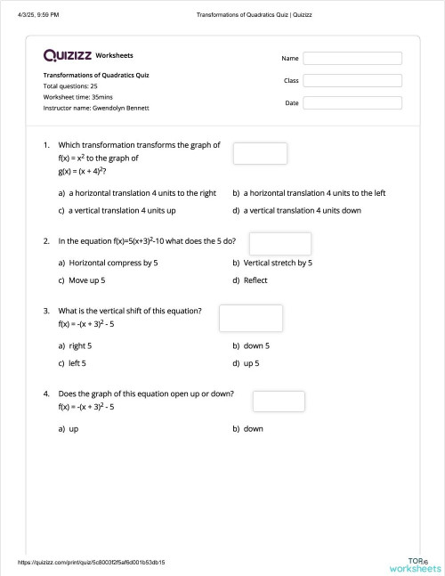 Transformation of Quadratics Quiz. Interactive worksheet | TopWorksheets