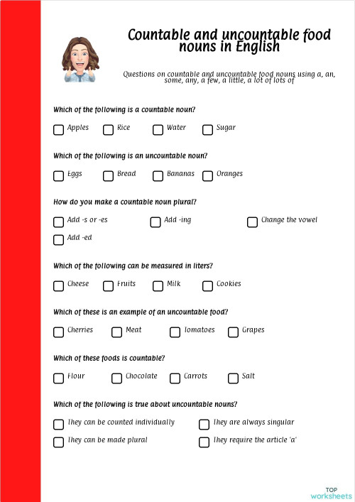 Countable and uncountable food nouns in English. Interactive worksheet ...