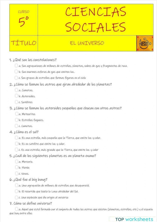 El universo. Ficha interactiva | TopWorksheets