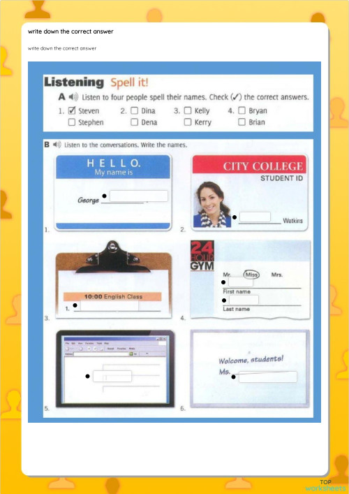Name listening and spelling exercise ใบงานเชิงโต้ตอบ | TopWorksheets