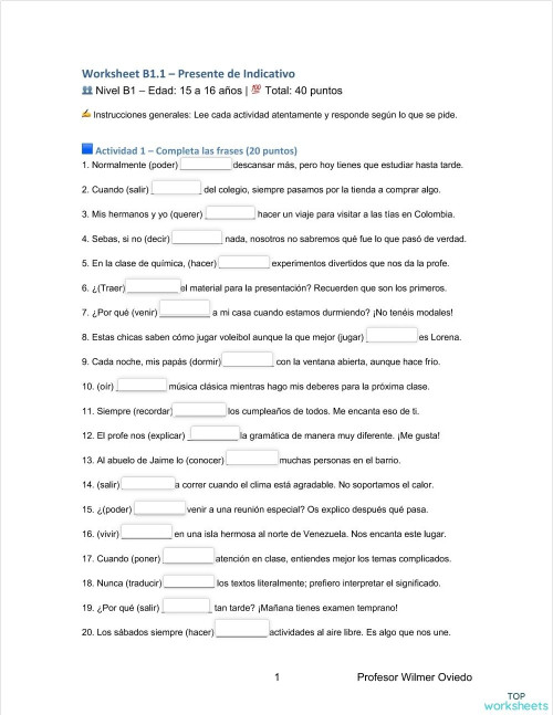 El presente de indicativo - Nivel B1 - 1. Ficha interactiva | TopWorksheets
