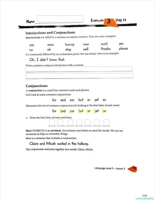 Lesson 3: Interjections and Conjunctions Pg 43. Interactive worksheet ...