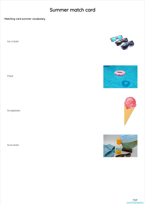 Summer match card. Ficha interactiva | TopWorksheets