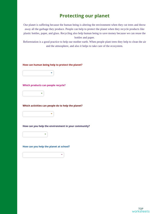 Protecting our planet. Interactive worksheet | TopWorksheets