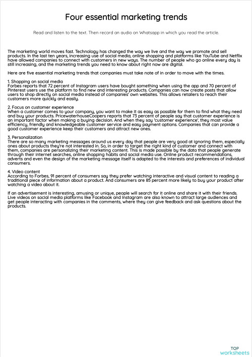 Four essential marketing trends. Interactive worksheet | TopWorksheets