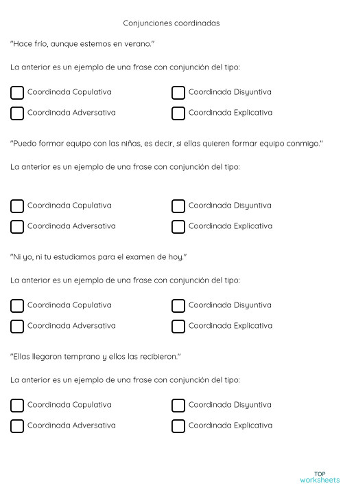 Conjunciones coordinadas. Ficha interactiva | TopWorksheets