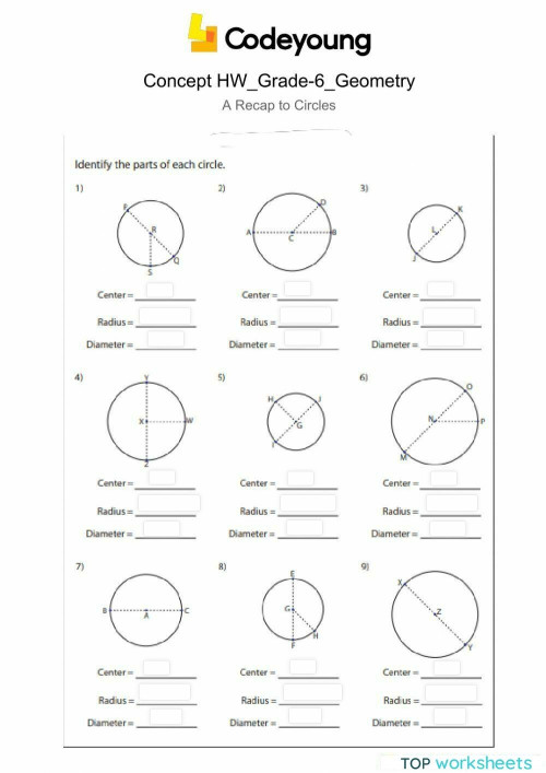 A Recap to Circles Concept HW. Interactive worksheet | TopWorksheets
