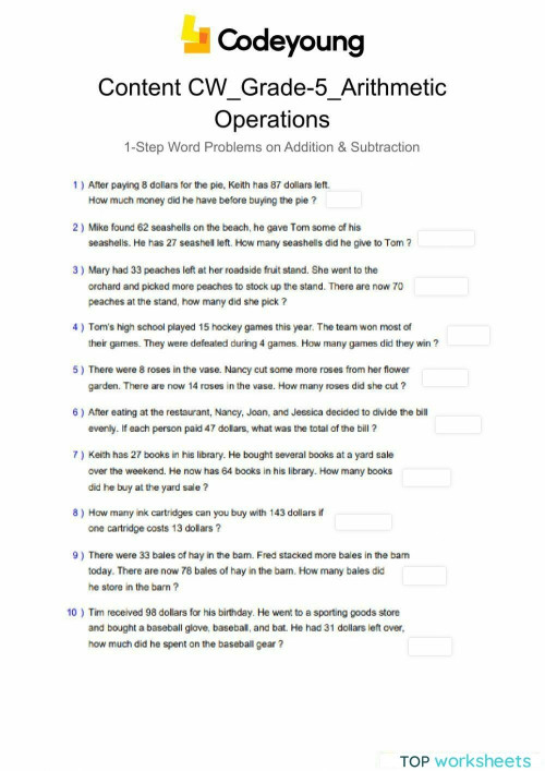 Content-CW-1-Step Word Problems on Addition & Subtraction. Interactive ...