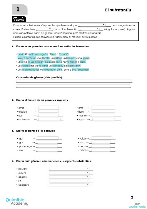 Substantius: fitxes interactives i exercicis online | TopWorksheets