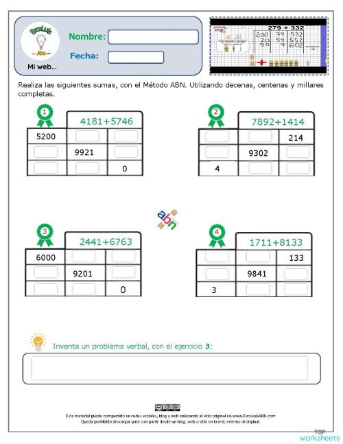 Suma incompleta de 4 cifras ABN 03. Ficha interactiva | TopWorksheets