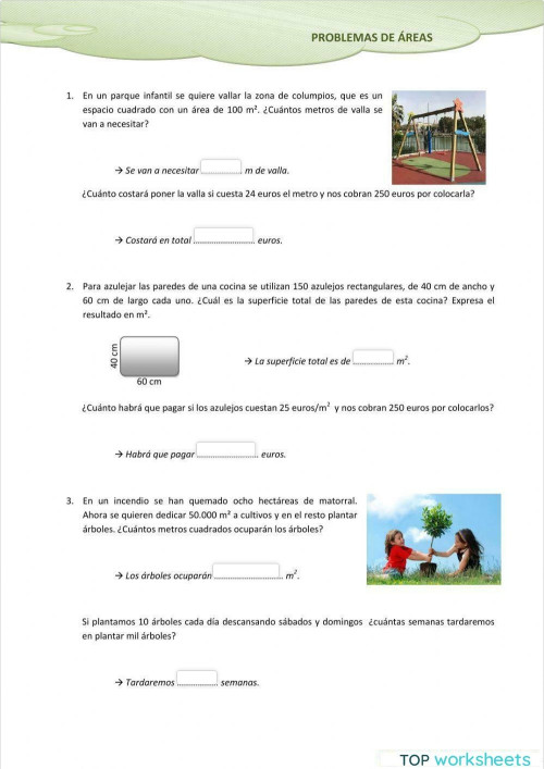 Problemas de áreas. Ficha interactiva | TopWorksheets