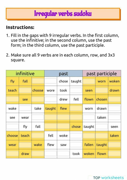 Irregular verbs sudoku. Interactive worksheet | TopWorksheets