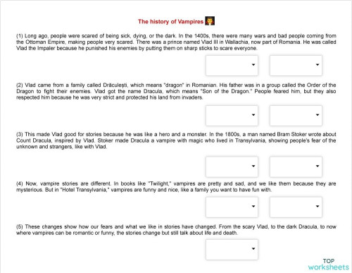 Vampire history Reading Comprehension A2. Interactive worksheet ...