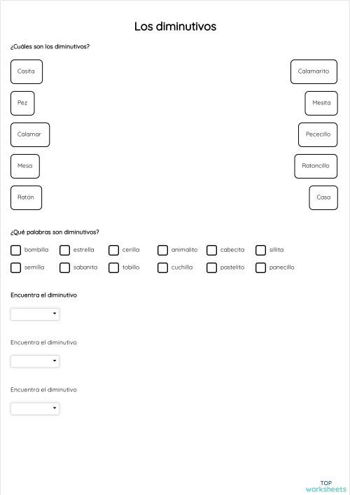 Los diminutivos. Ficha interactiva | TopWorksheets