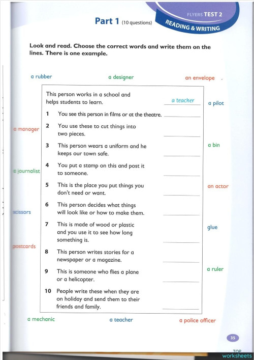 Cambridge Flyers Test 2 READING and WRITING. Interactive worksheet ...