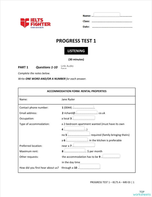 PROGRESS TEST 1 - FIGHTER A- LISTENING (MD3). Interactive worksheet ...
