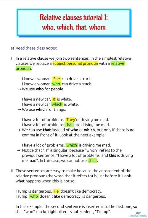 Relative clauses tutorial 1 - who, which, that, whom. Interactive ...