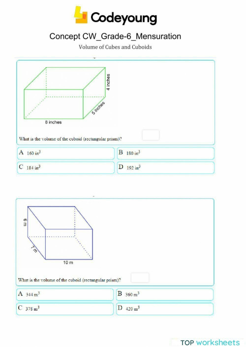 Volume of Cubes and Cuboids Concept CW. Interactive worksheet ...