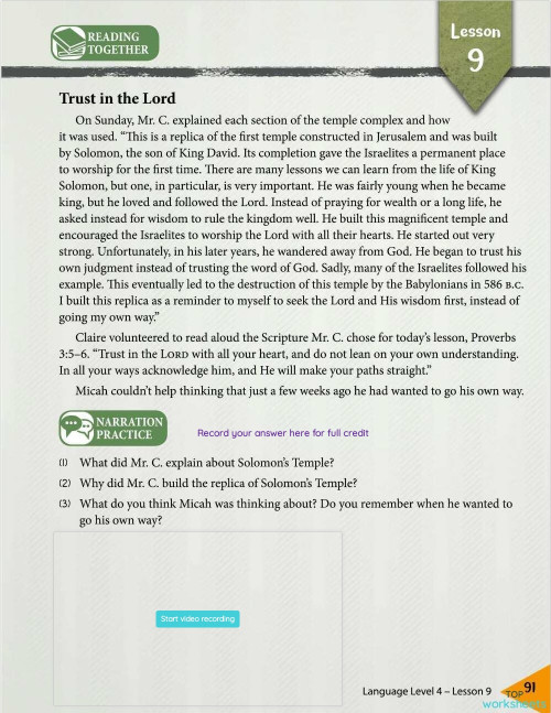 Lesson 9: Reading Together Pg 91. Interactive worksheet | TopWorksheets