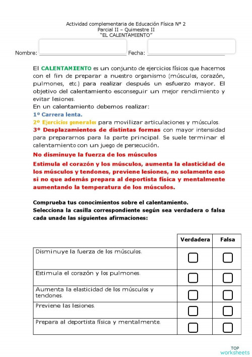 ACTIVIDAD COMPLEMENTARIA DE EDUCACIÓN FÍSICA N°2 EL CALENTAMIENTO. Ficha interactiva | TopWorksheets