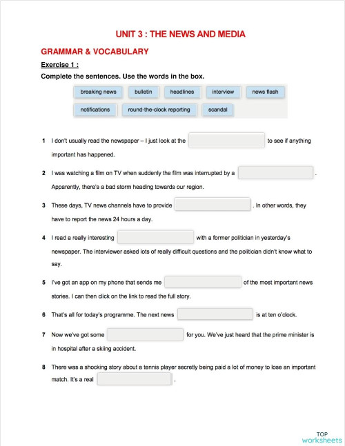 Unit 3 - Grammar and Vocabulary - The news and media. Interactive ...