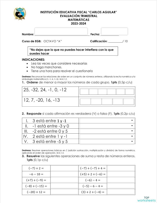 EVALUACIÓN TRIMESTRAL MATEMÁTICAS. Ficha interactiva | TopWorksheets