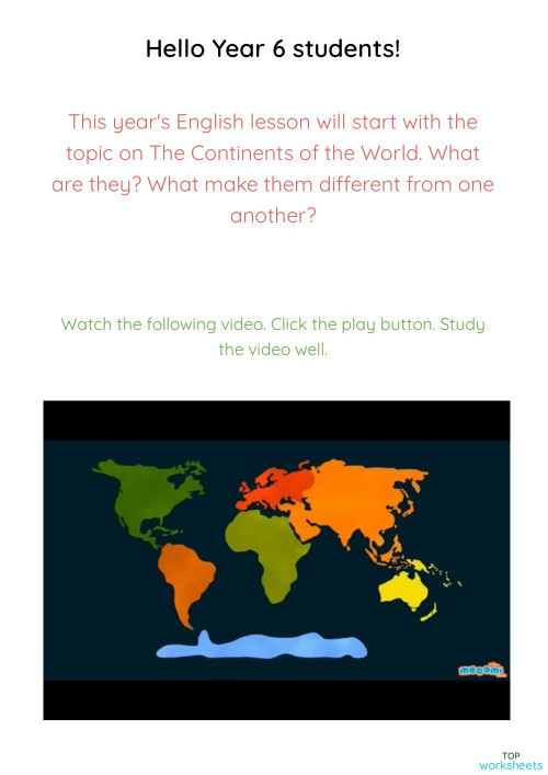 Y6W1 English - Seven Continents. Interactive worksheet | TopWorksheets
