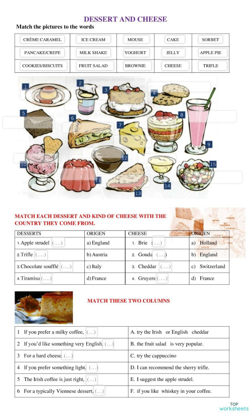 at the restaurant - desserts and cheese. Interactive worksheet ...
