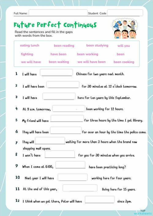 Future Perfect Continuous 12. Interactive worksheet | TopWorksheets