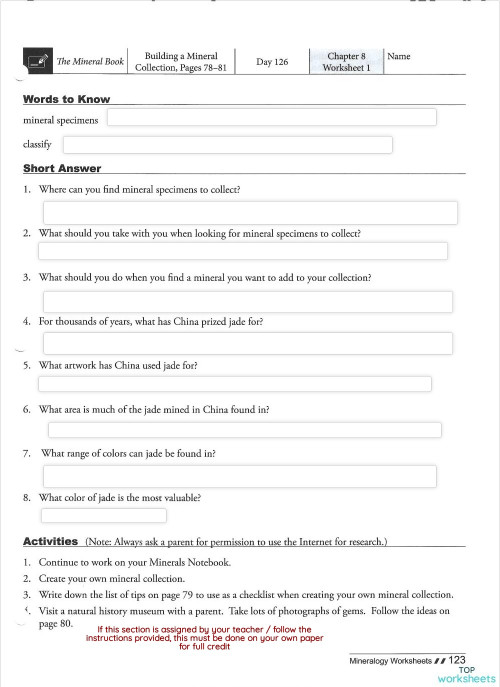 Chapter 8: Pg 123 Building a Mineral Collection Worksheet 1 ...