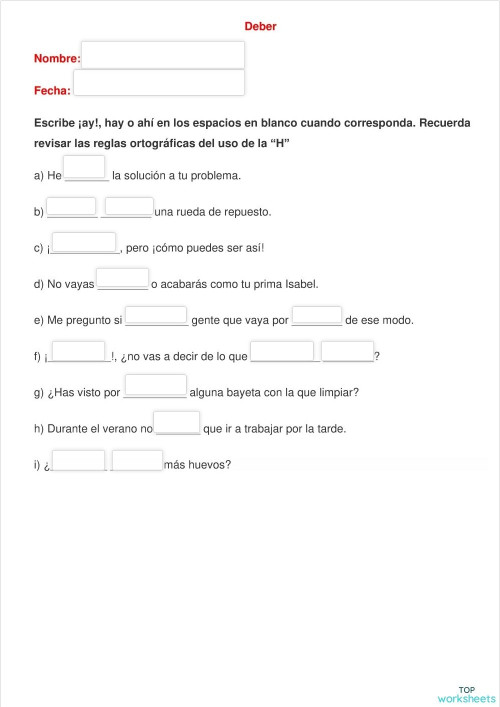 Uso de la "H": fichas interactivas y ejercicios online | TopWorksheets