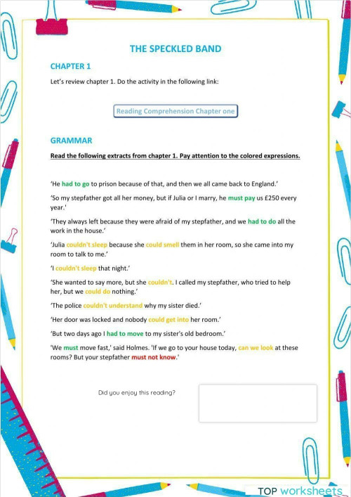 The Speckled Band Chapter 1. Interactive worksheet | TopWorksheets