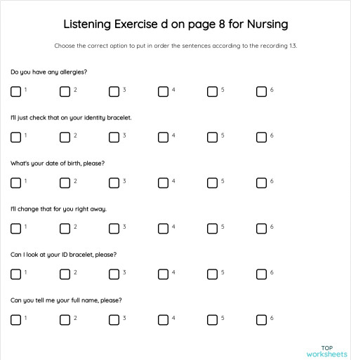 Listening Exercise d on page 8 for Nursing. Interactive worksheet ...