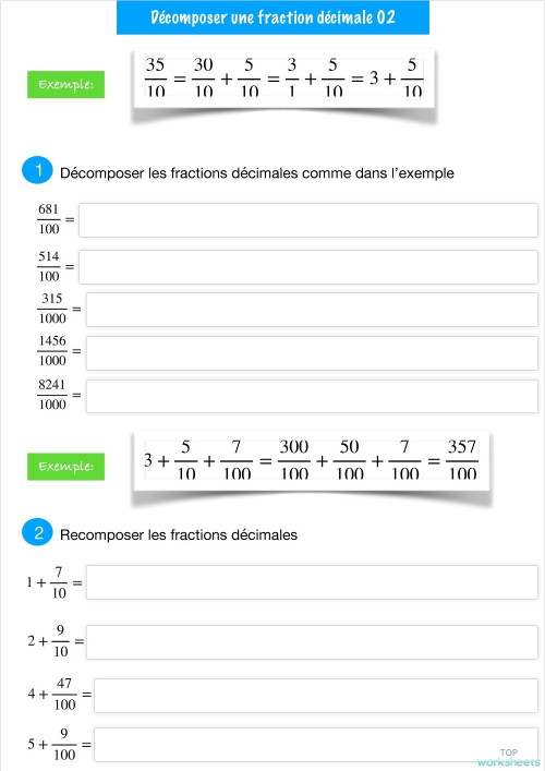 Décomposer une fraction décimale 02. Fiche interactive | TopWorksheets