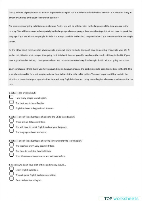 Reading Comprehension Task Interactive Worksheet Topworksheets