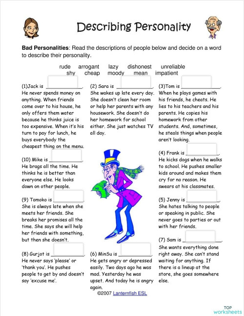 BAD PERSONALITY VOCABULARY. Interactive worksheet | TopWorksheets