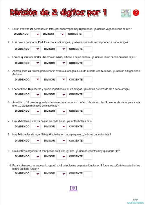 Divisiones simples 3. Ficha interactiva | TopWorksheets