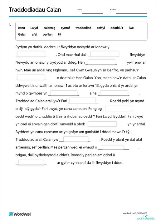Traddodiadau Calan. Interactive worksheet | TopWorksheets