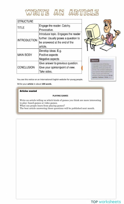 Write an article. Interactive worksheet | TopWorksheets