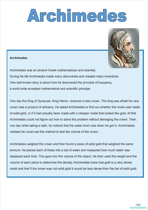 Archimedes. Interactive worksheet | TopWorksheets