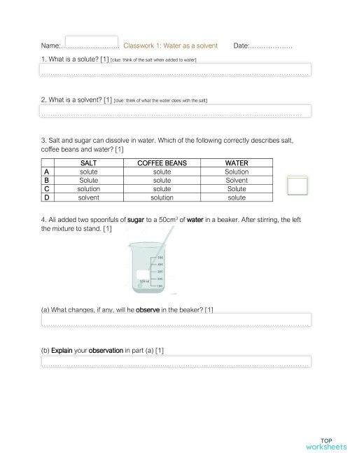 Water as a solvent. Interactive worksheet | TopWorksheets